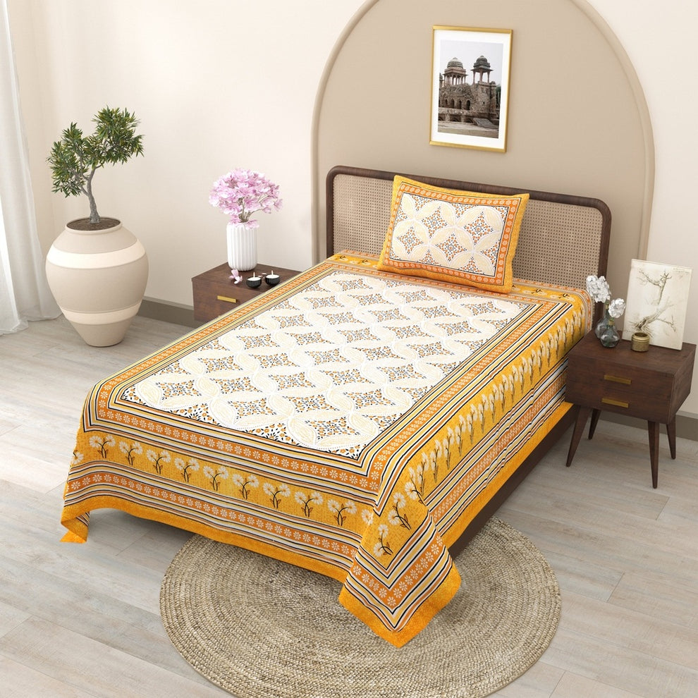 Heritage Bloom Wave Golden Marigold Single Cotton Bedsheet – Jaipur ...